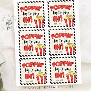 Printable Popping by to Say Hi! Tag, Personalized Popcorn Gift Tag ...