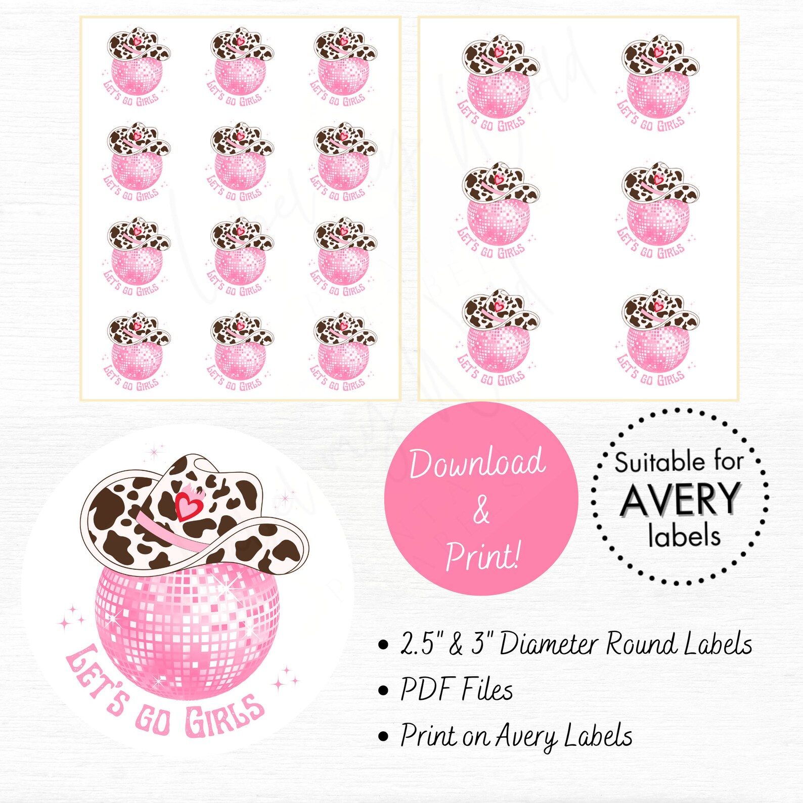 Printable Let's Go Girls Pink Cowgirl Disco Tags & Labels, Hangover Kit ...
