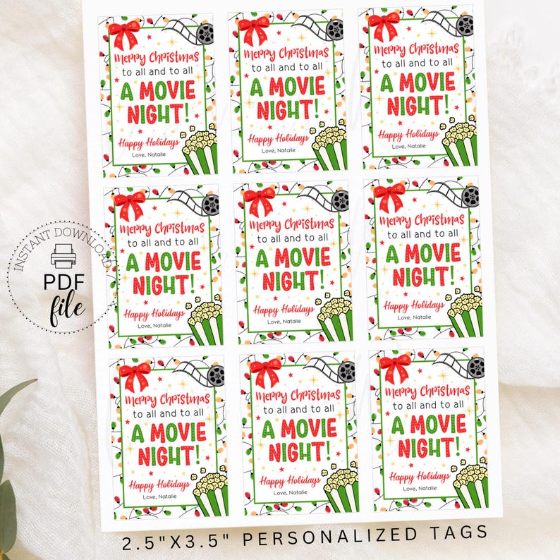 Printable Christmas Movie Night Gift Tag, Personalized Merry Christmas ...