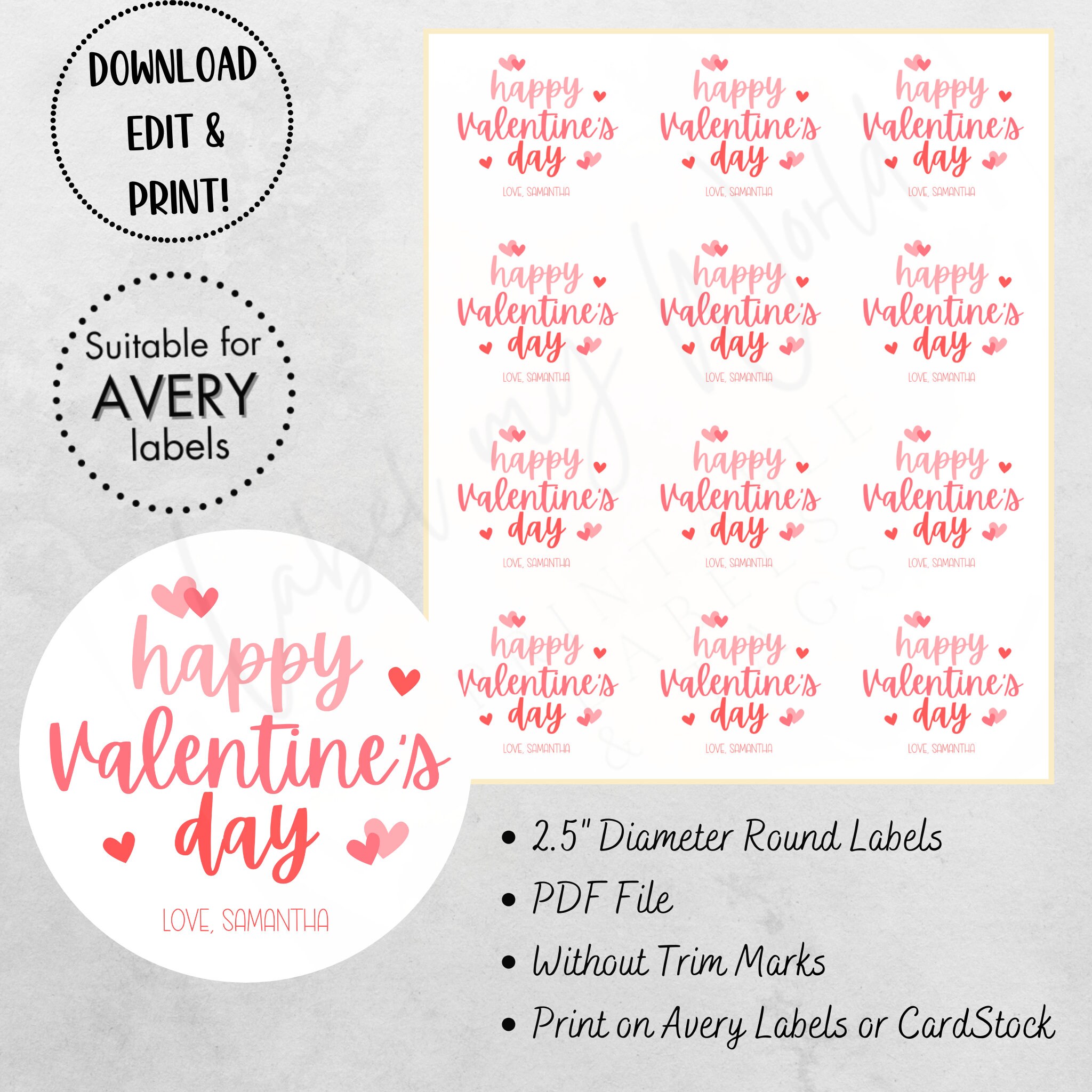 Printable Happy Valentine's Day Tags Personalized 2.5 Round Labels ...