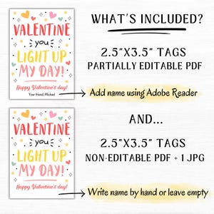 Printable Valentine You Light up My Day Gift Tags, Personalized Glow ...