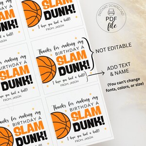 Printable Thanks for Making My Birthday a Slam Dunk Gift Tags ...