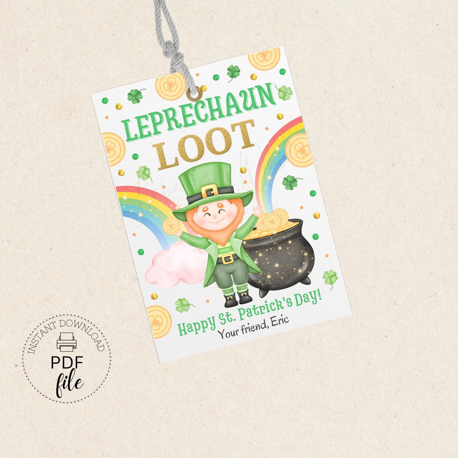 Printable Leprechaun Loot Gift Tag, Happy St Patricks Day Personalized ...
