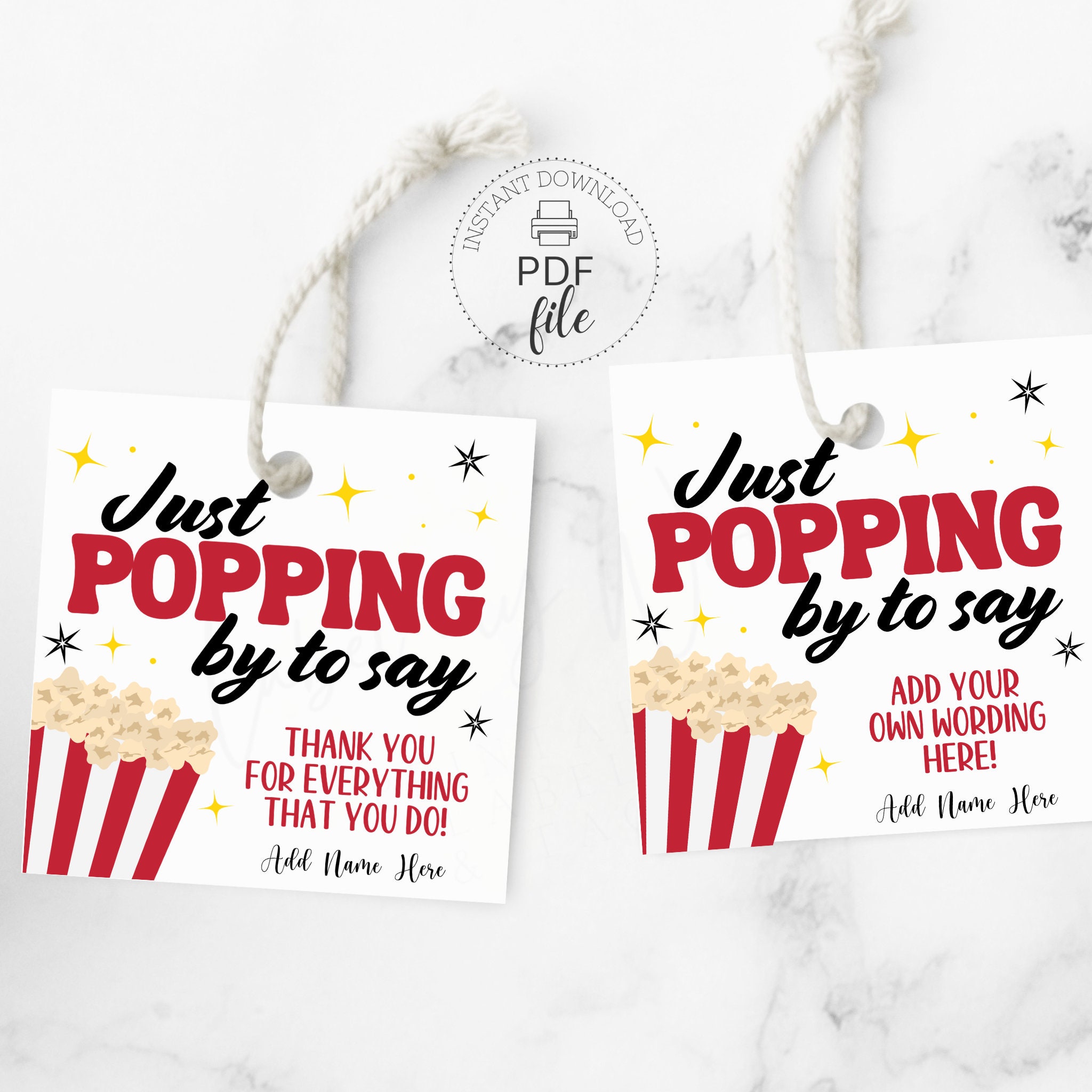 Just Popping by to Say Thank You Gift Tag Printable Popcorn Treat Bag ...