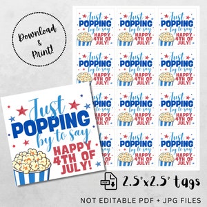 Just Popping by to Say Happy 4th of July Tags | Popcorn Treat Bag Tag ...