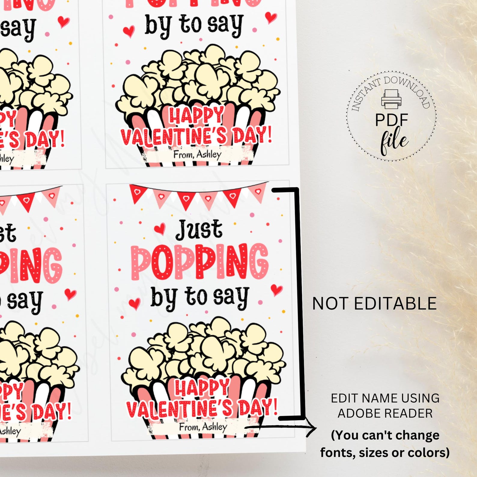 Printable Valentine Popcorn Tag, Personalized Just Popping by to Say ...