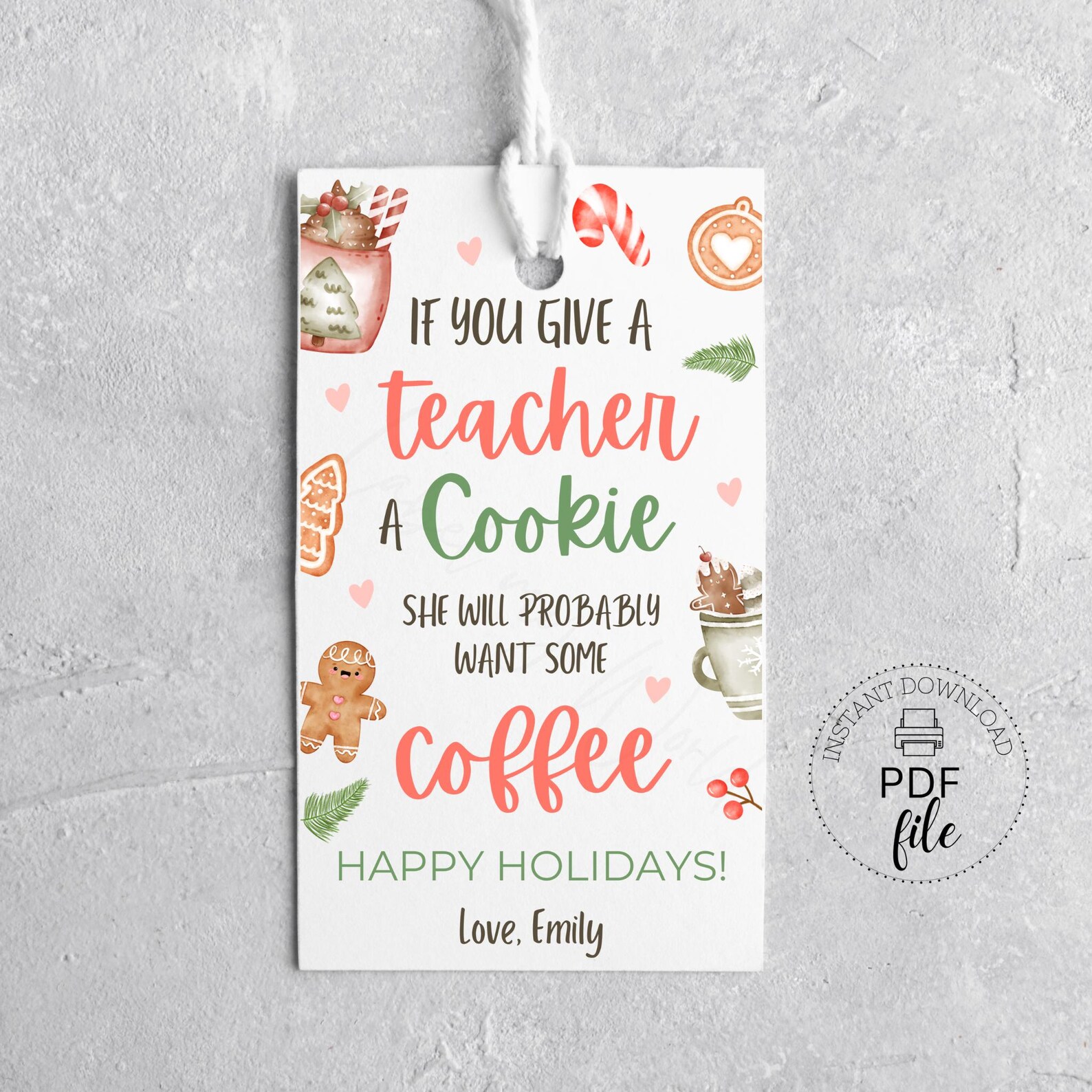 Christmas Teacher Cookies & Coffee Treat Tags, Holiday Teacher ...