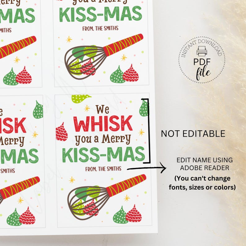 Printable We Whisk You A Merry Kissmas Tags, Personalized Christmas ...