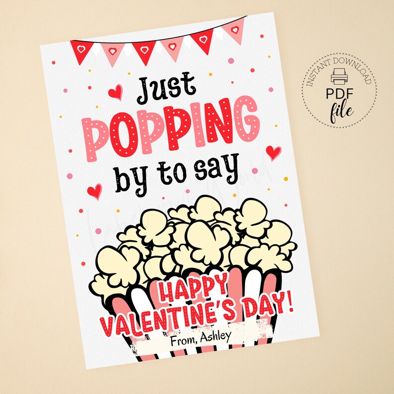 Printable Valentine Popcorn Tag, Personalized Just Popping by to Say ...