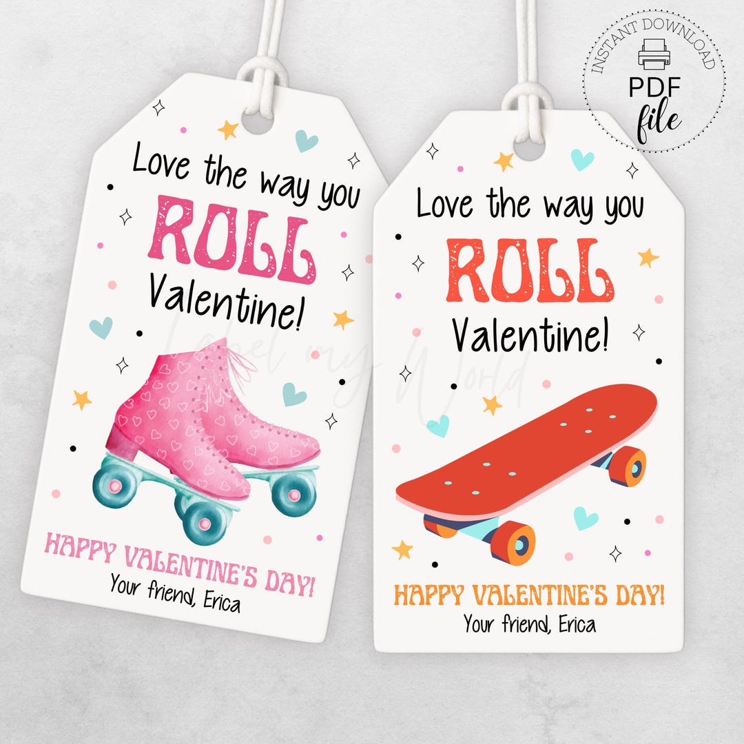Printable Valentine Roller Skates & Skateboard Gift Tags, Personalized ...