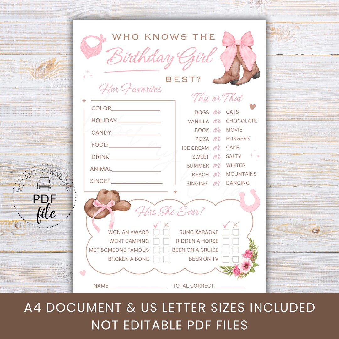 Cowgirl Who Knows the Birthday Girl Best Game, Printable Rodeo Birthday ...