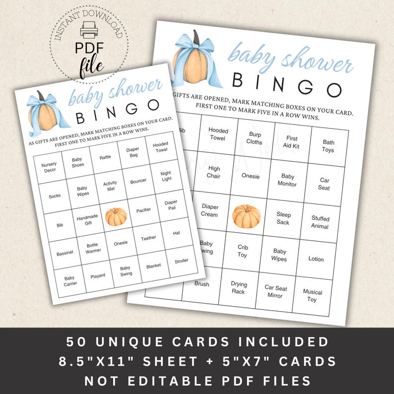 Blue Pumpkin Baby Shower Bingo, 50 Prefilled Fall Baby Boy Bingo Game ...