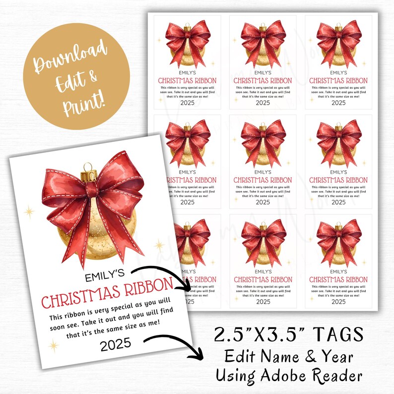 Printable Ribbon Height Keepsake Christmas Ornament Gift Tag (PDF + JPG ...