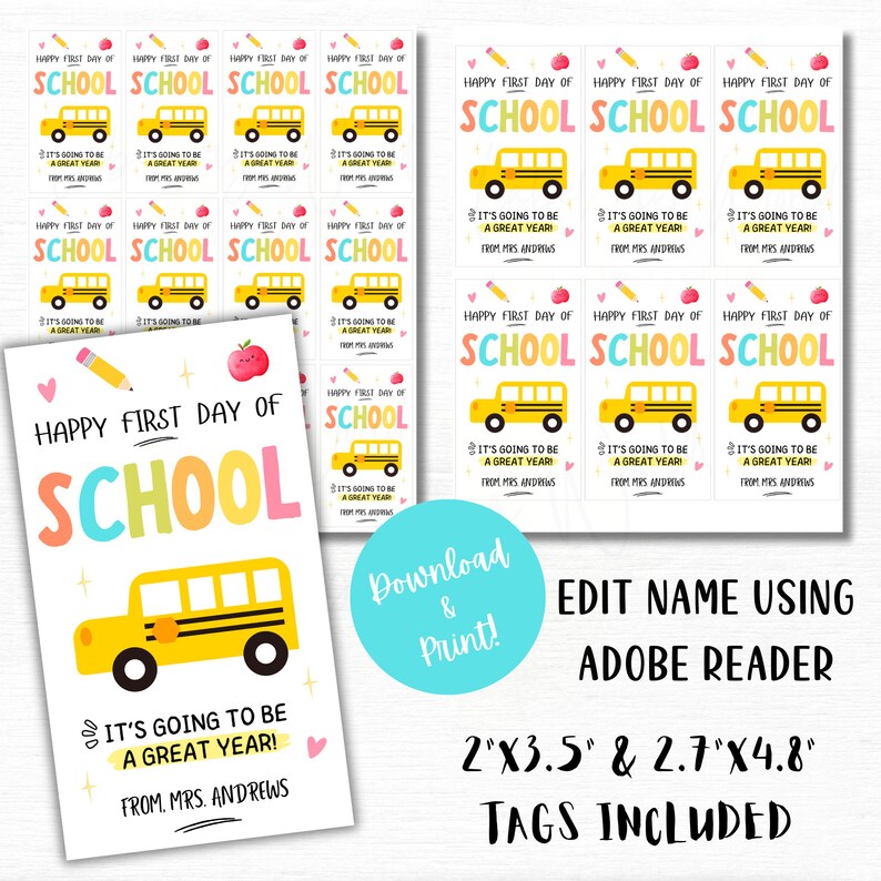 Printable Happy First Day of School Tag, Teacher/classroom Back to ...