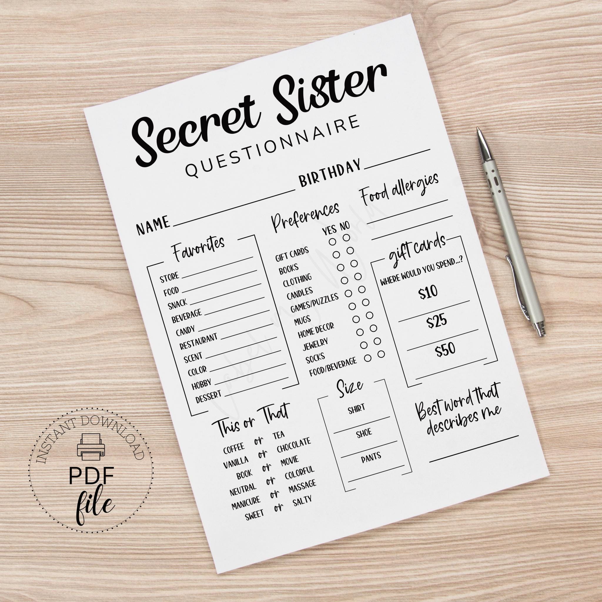 Printable Secret Sister Questionnaire, Gift Exchange Favorite Things ...