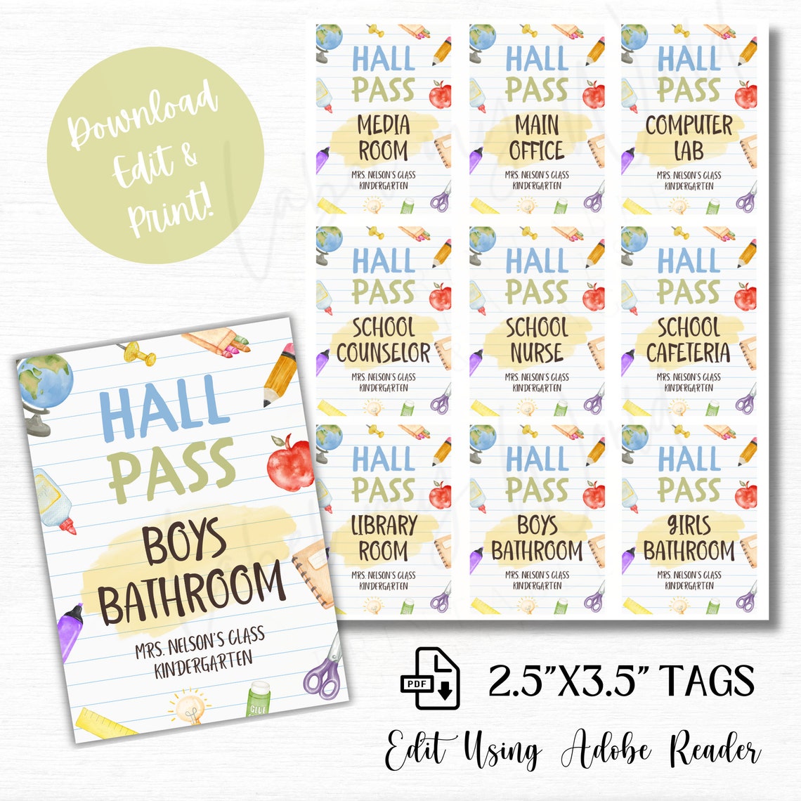 Printable Classroom Hall Pass Cards, Editable Hall Passes for Teacher ...