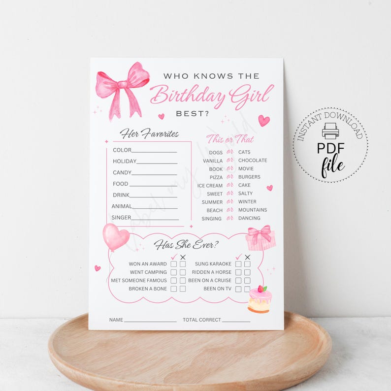 Pink Bow Who Knows the Birthday Girl Best Game, Printable Coquette ...