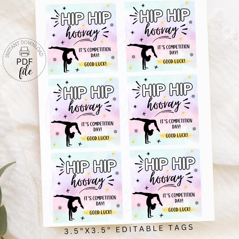 Printable Hip Hip Hooray Gymnastics Good Luck Tags, Personalized ...