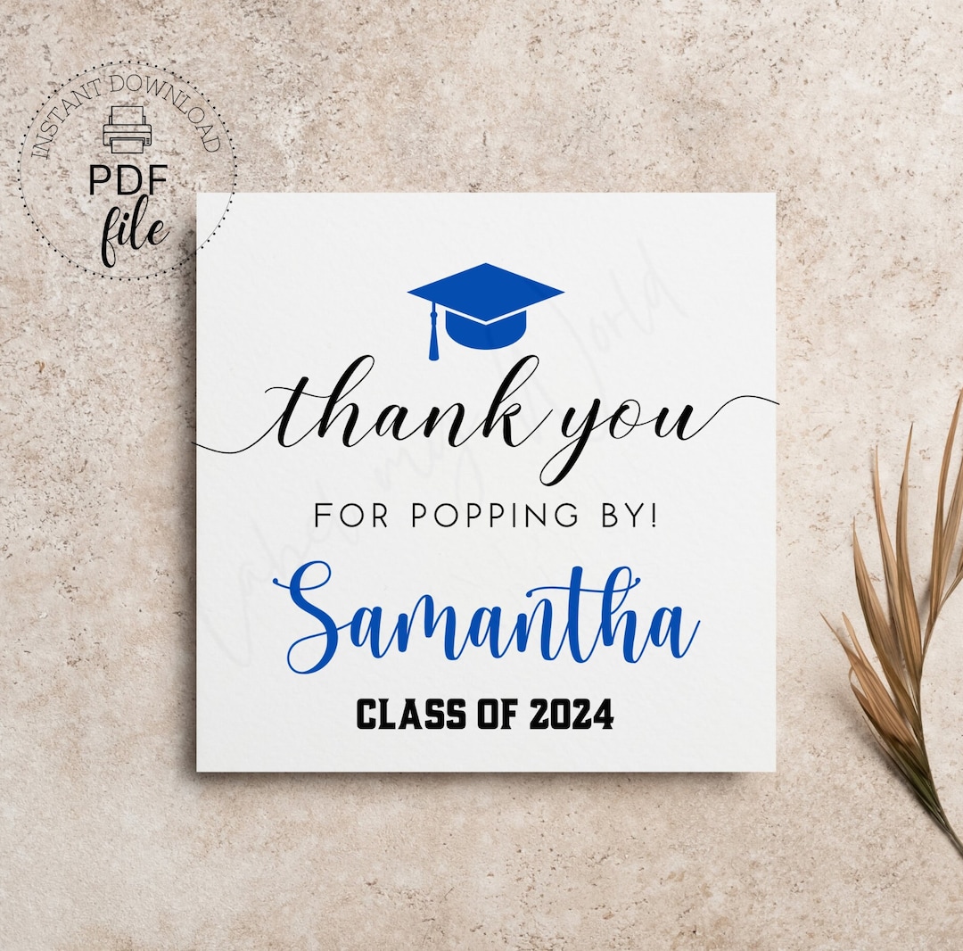 Thank You for Popping by Graduation Blue Grad Cap Tag | Personalized ...