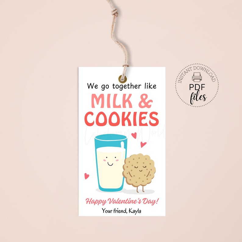 Printable Milk & Cookies Valentine Gift Tag, Personalized Happy ...