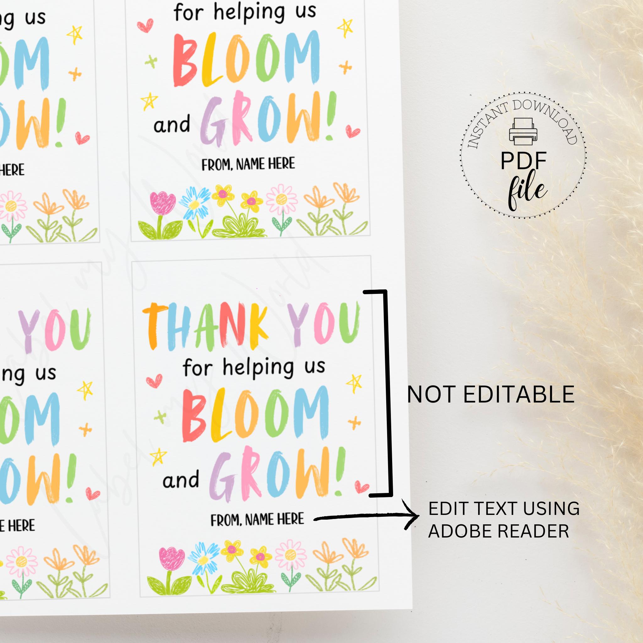 Thank You for Helping Us Bloom and Grow Printable Gift Tag, Flower ...