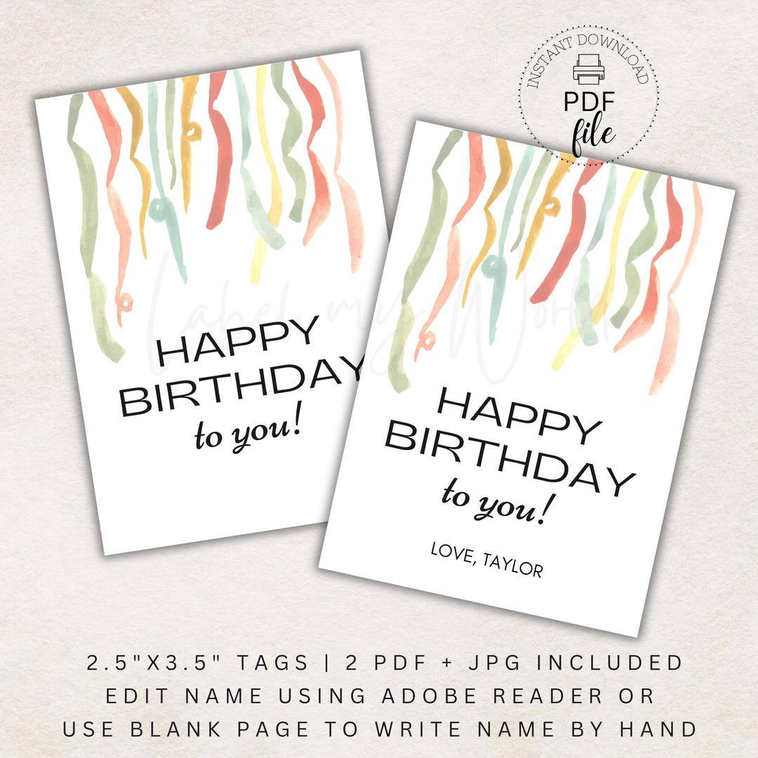 Printable Happy Birthday to You Gift Tags, Personalized 2.5"x3.5 ...