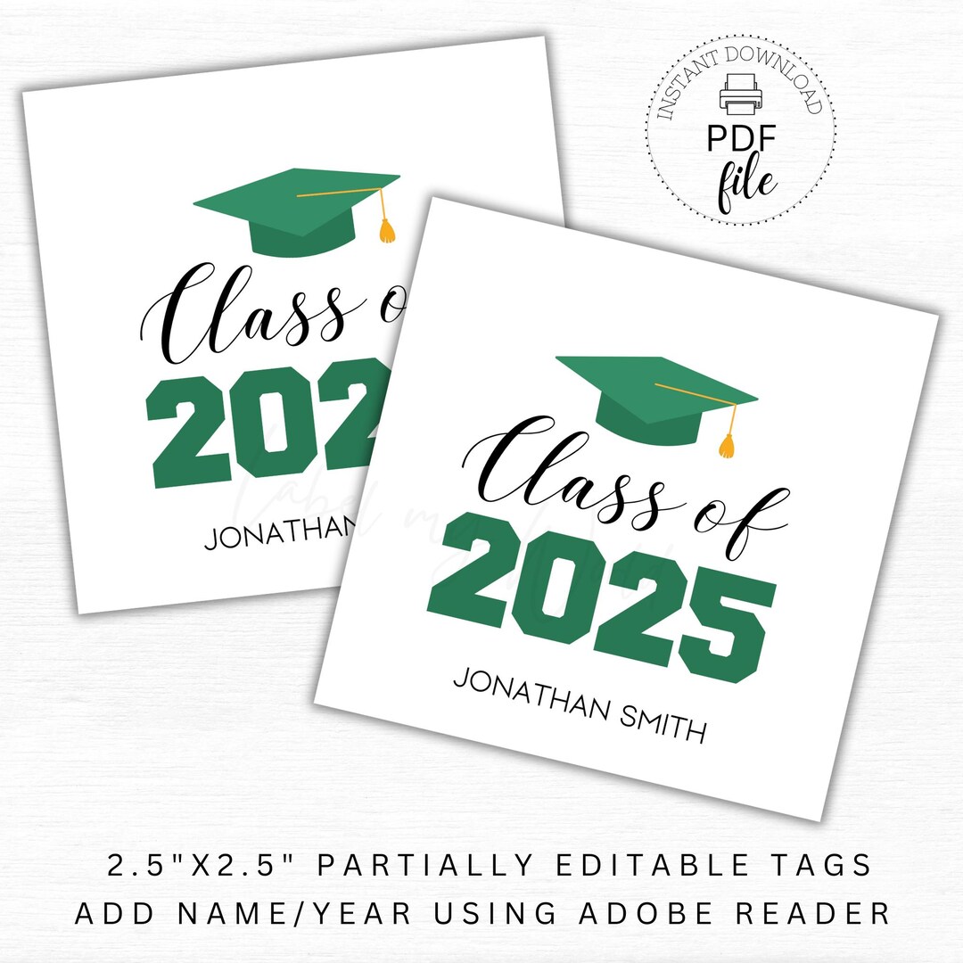 Graduation Green Grad Cap Gift Tag | Editable Class of 20xx Graduate ...