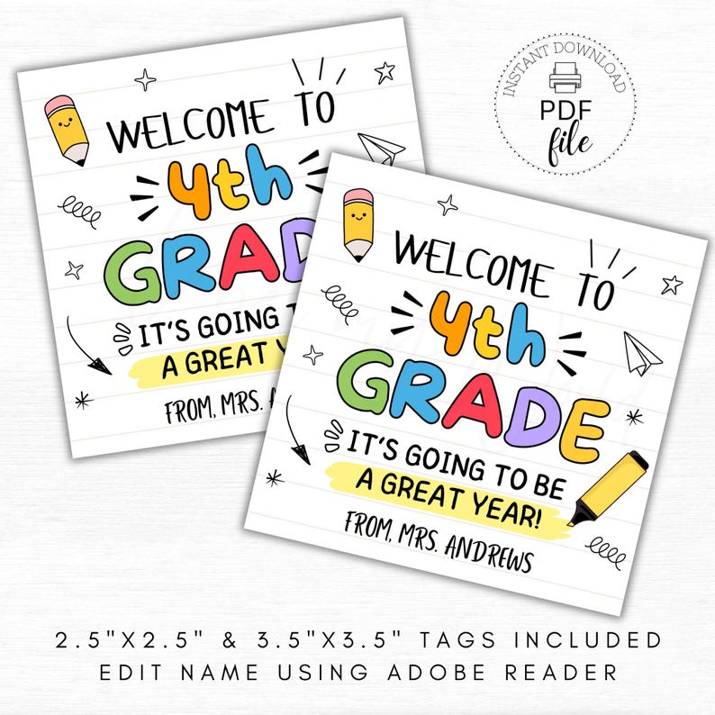 Welcome to Fourth Grade Printable Gift Tag, Personalized Teacher ...