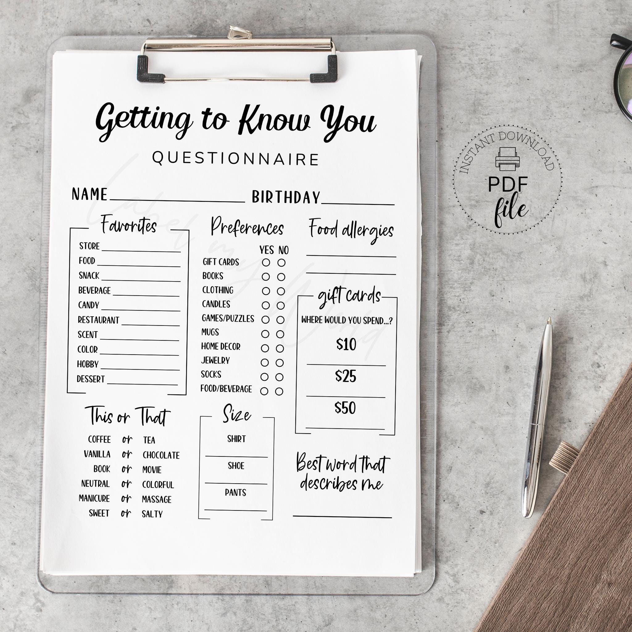 Printable Getting to Know You Questionnaire, Employee School Staff ...