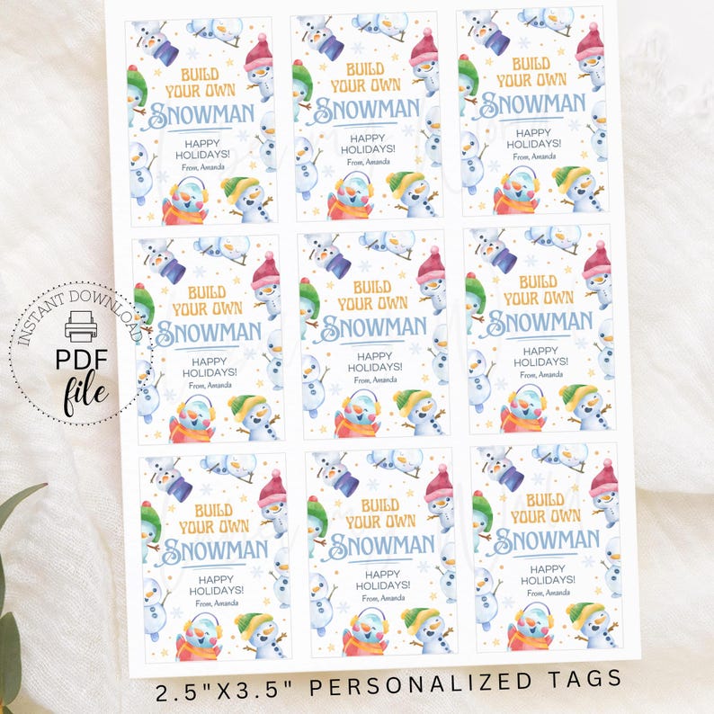 Printable Build Your Own Snowman Tag, Personalized Winter School ...