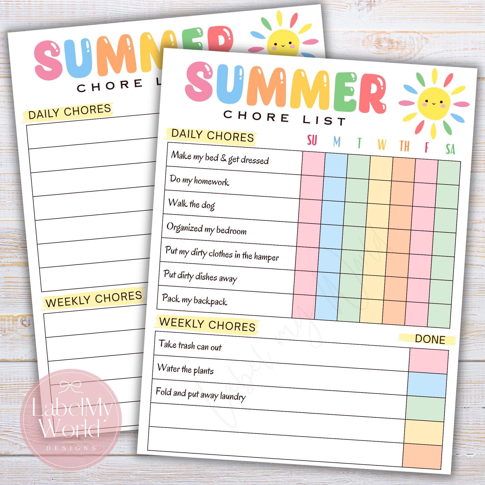 Editable Summer Chore Chart Template for Kids, Daily Weekly Chore ...