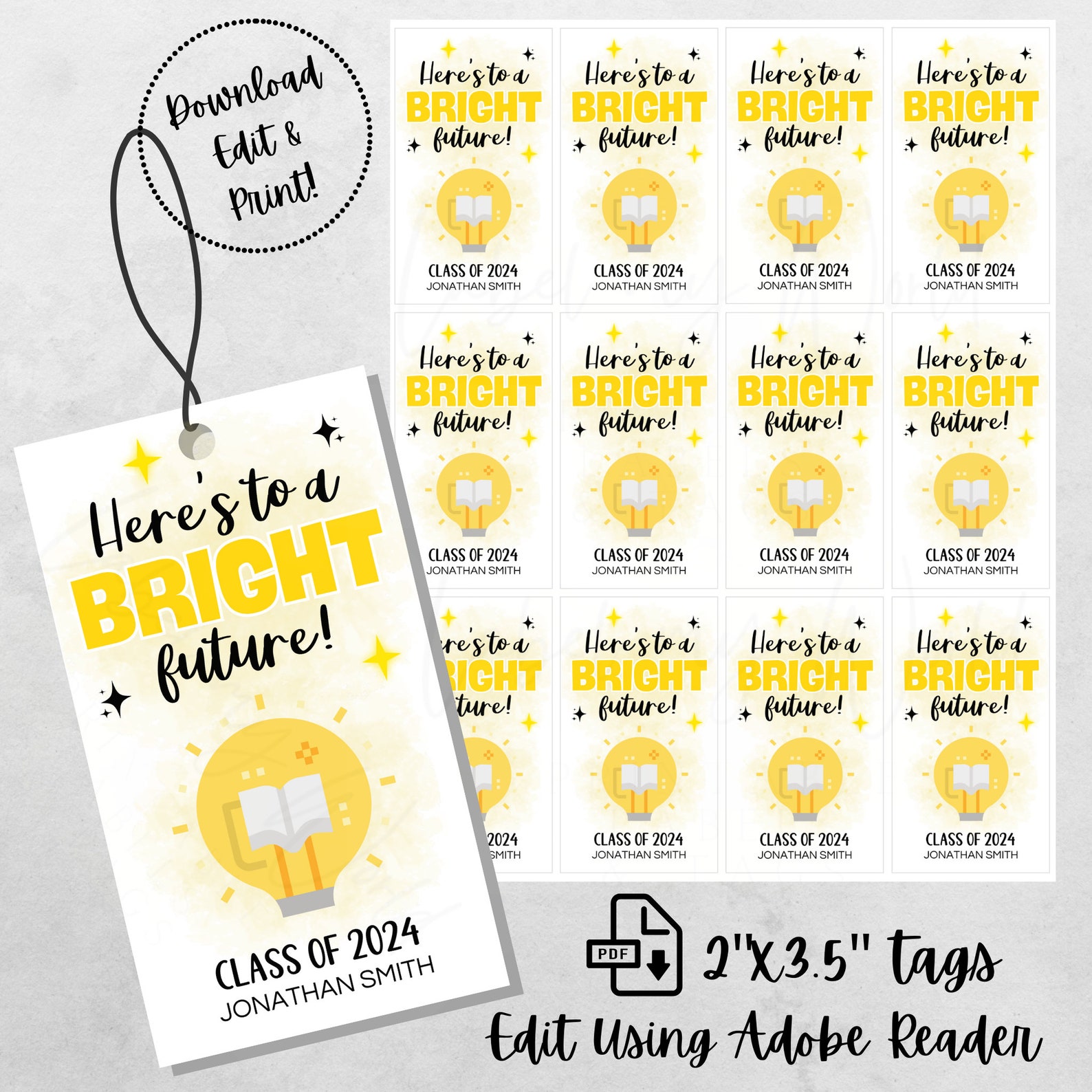 Printable School Graduation Gift Tag, Personalized Here's to A Bright ...