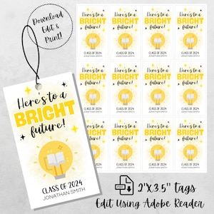 Printable School Graduation Gift Tag, Personalized Here's to A Bright ...