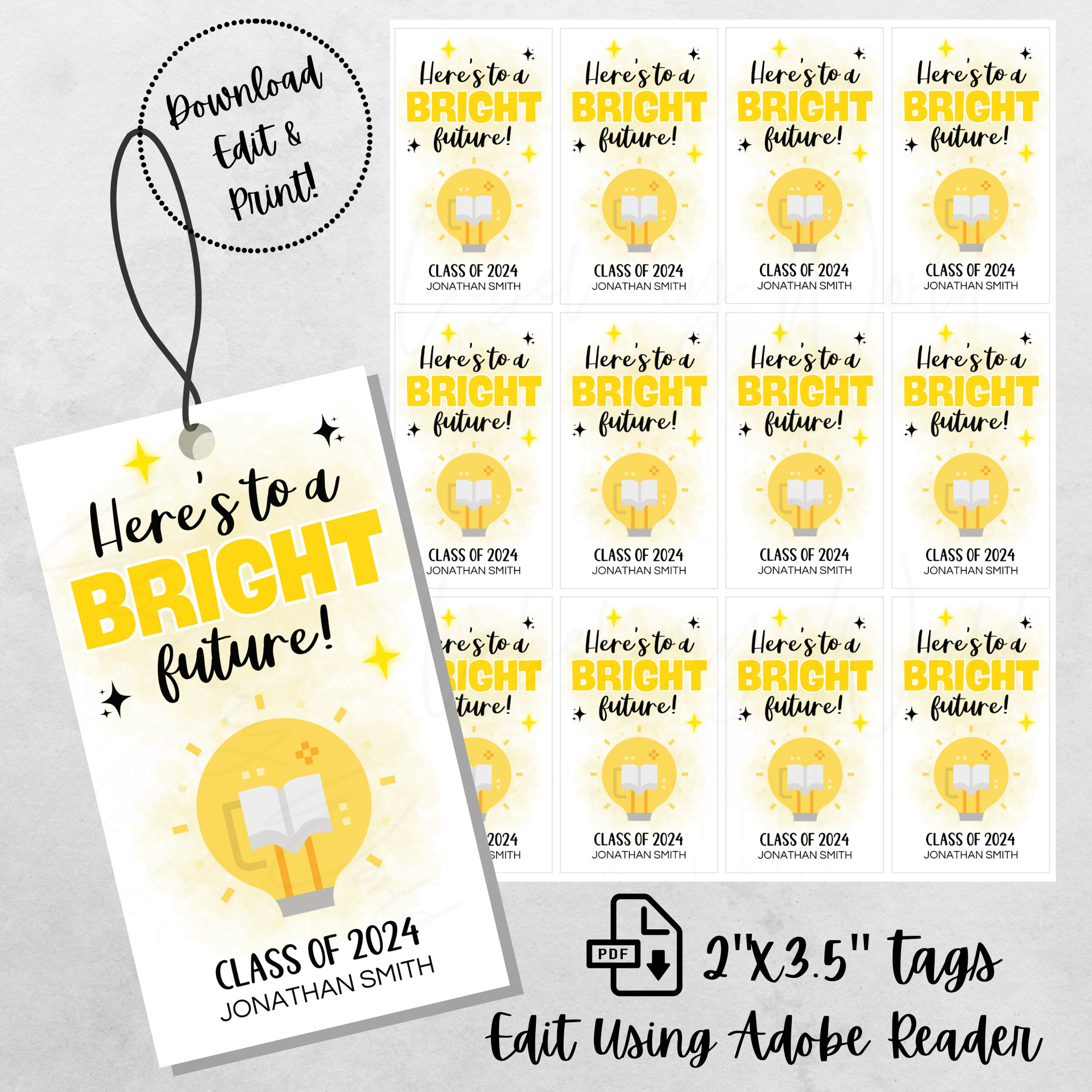 Printable School Graduation Gift Tag, Personalized Here's to A Bright ...