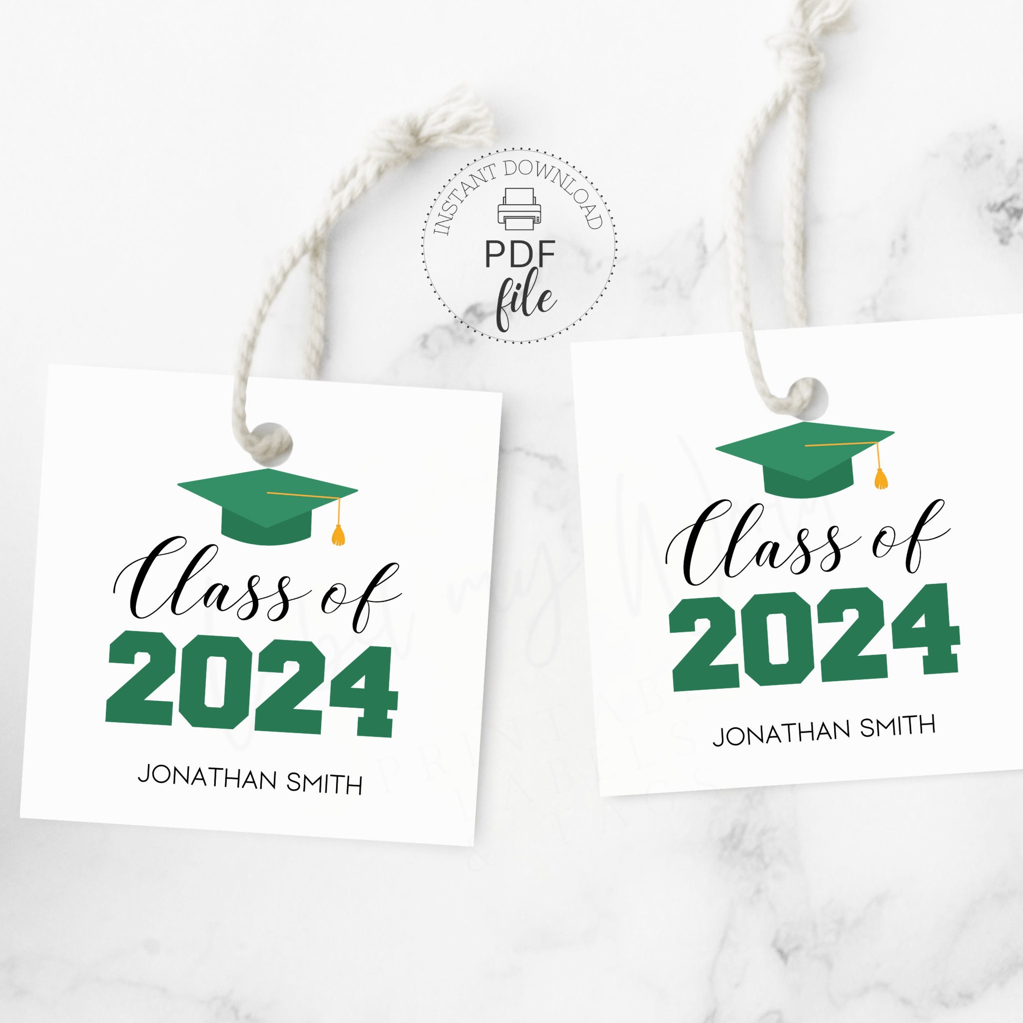 Graduation Green Grad Cap Gift Tag Editable Class of 20xx Graduate Name ...