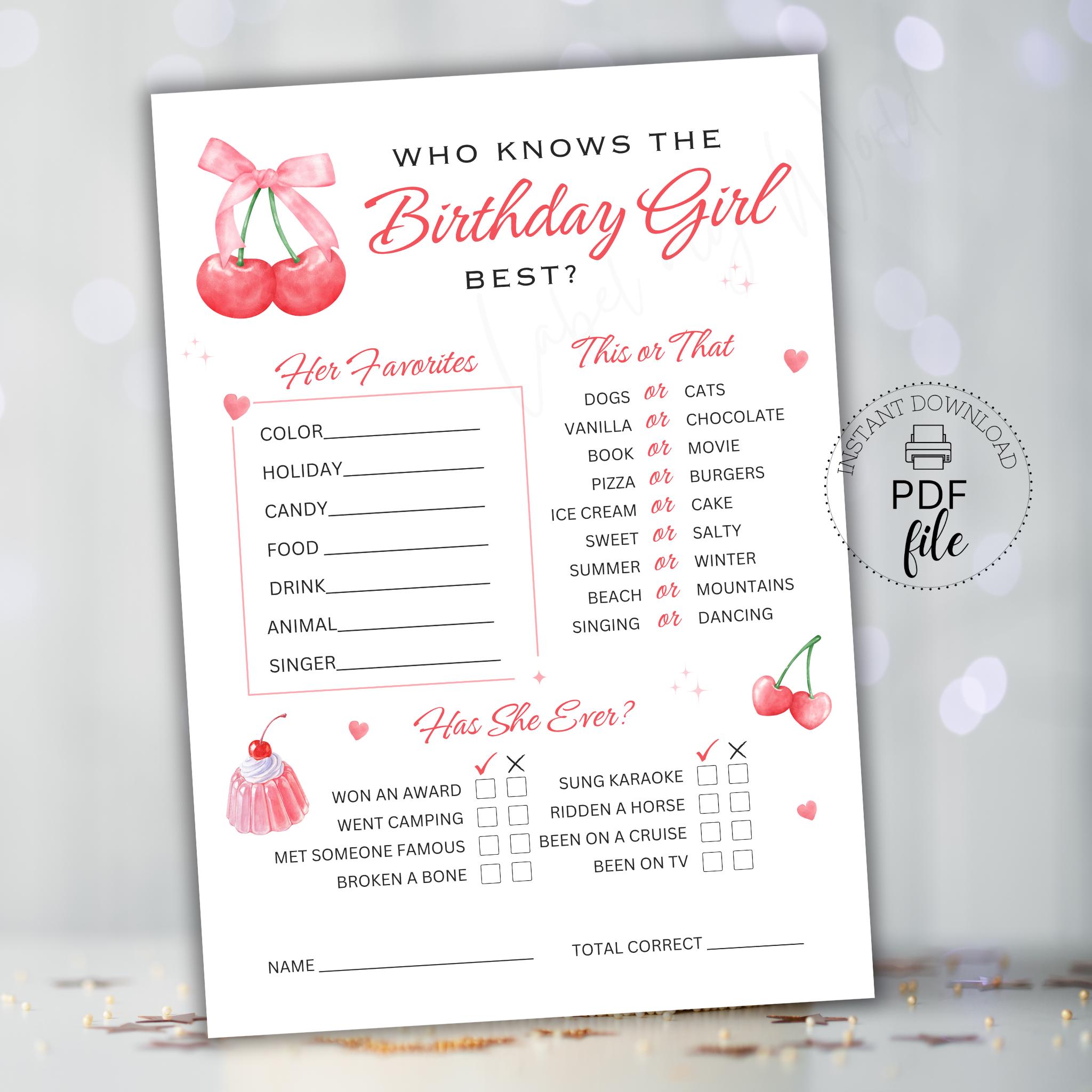 Cherry Bow Who Knows the Birthday Girl Best, Printable Coquette ...