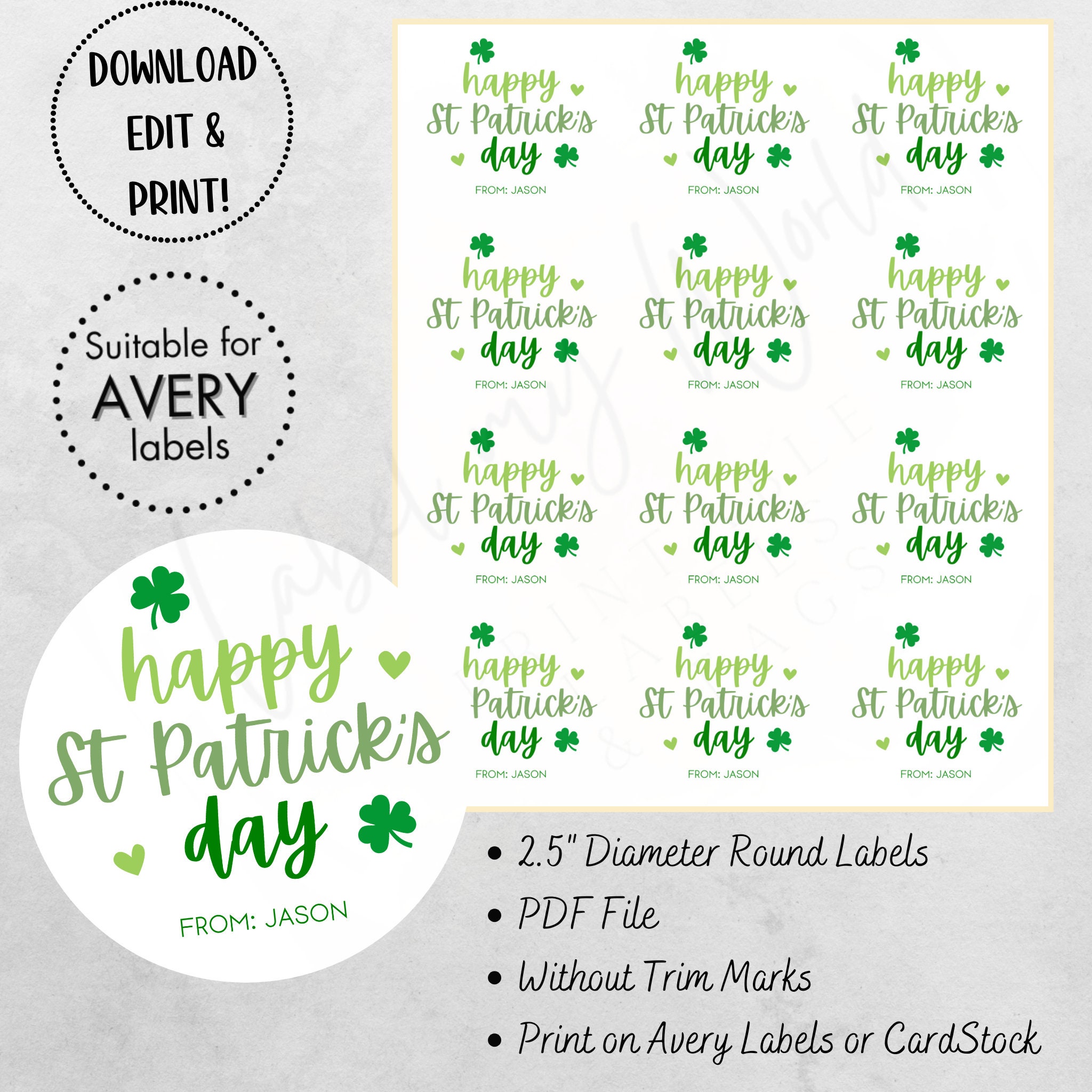 Printable Happy St Patrick's Day Tags, Personalized 2.5" Round Labels ...