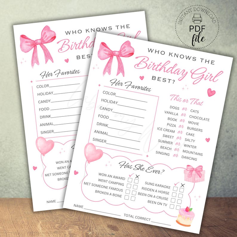 Pink Bow Who Knows the Birthday Girl Best Game, Printable Coquette ...