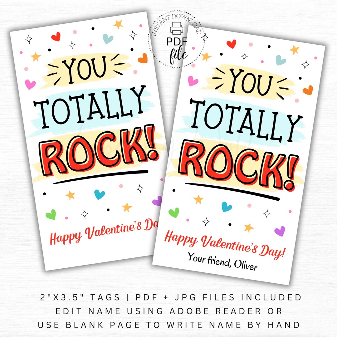 Printable You Totally Rock Valentine Gift Tags, Classroom Happy ...