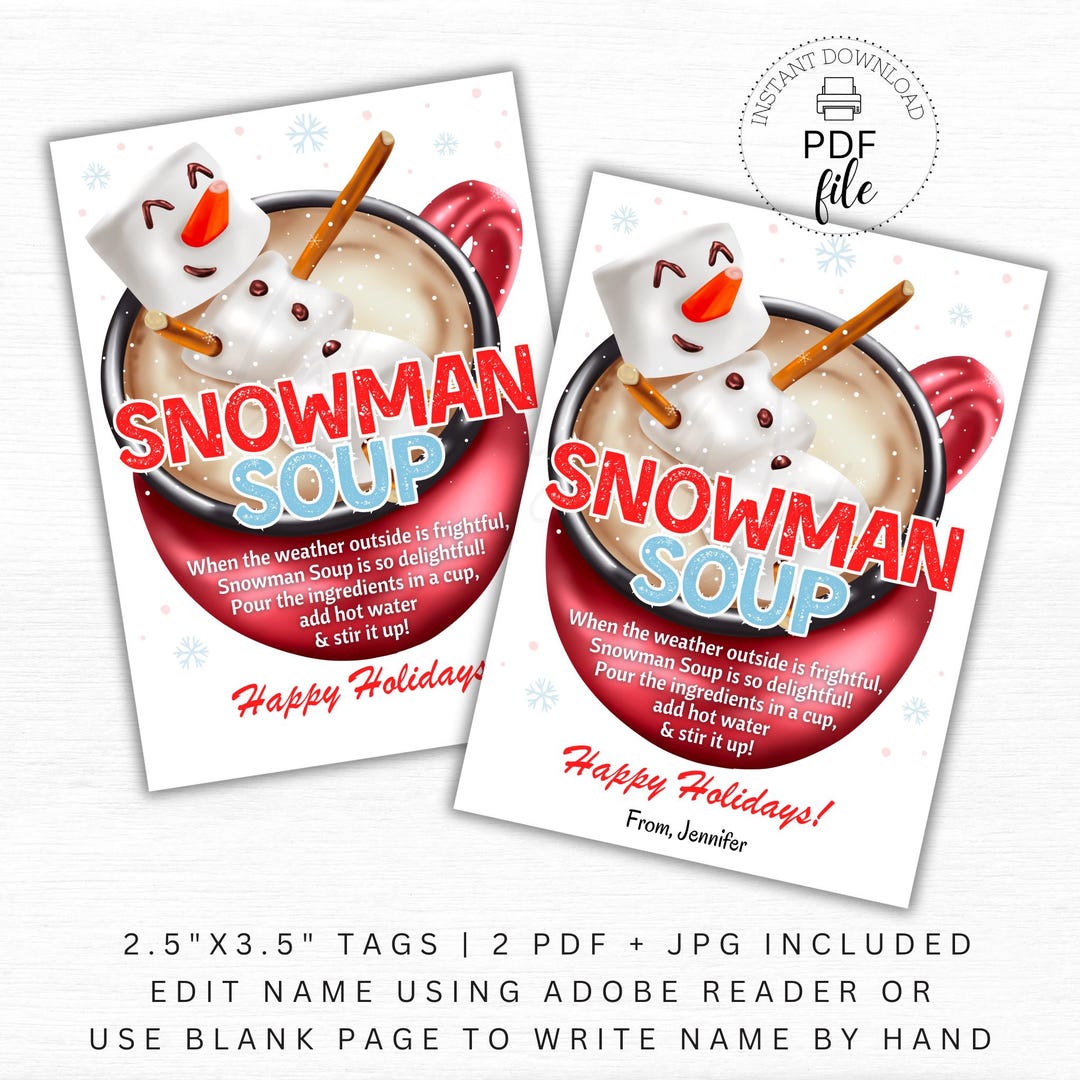 Printable Snowman Soup Gift Tags, Christmas Hot Chocolate Kit Tags (PDF ...