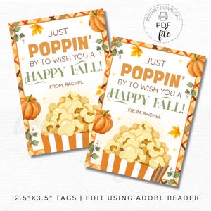 Printable Popcorn Fall Treat Tag, Personalized Just Popping by to Wish ...