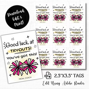 Printable Good Luck at Tryouts Tag, Personalized Pink & White You've ...