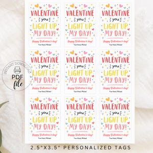 Printable Valentine You Light up My Day Gift Tags, Personalized Glow ...