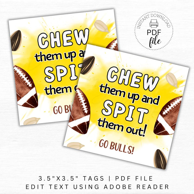 Printable Football Sunflower Seeds Tag, Personalized Chew Them up ...