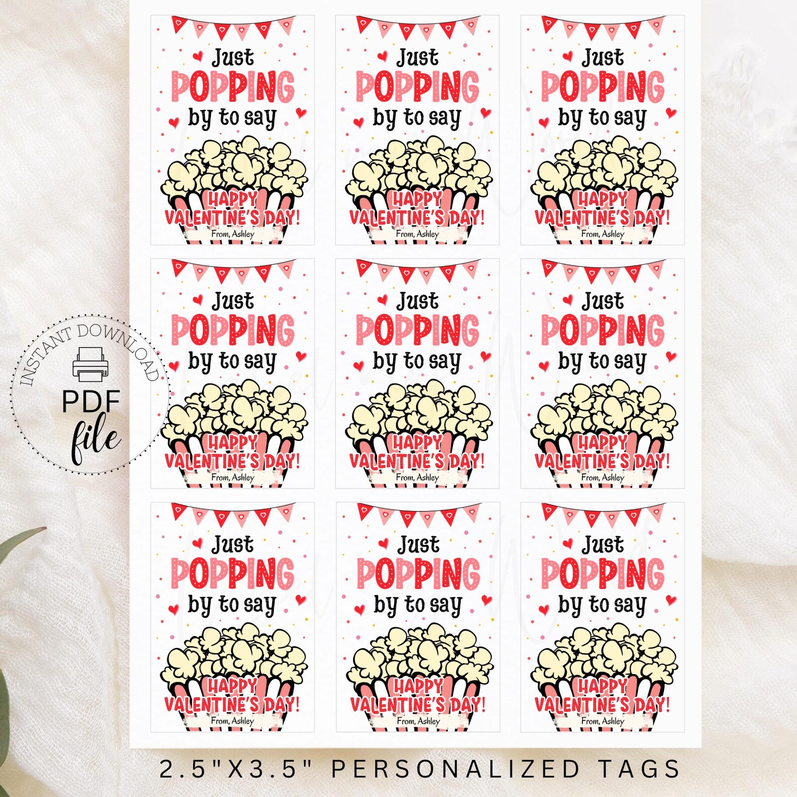 Printable Valentine Popcorn Tag, Personalized Just Popping by to Say ...