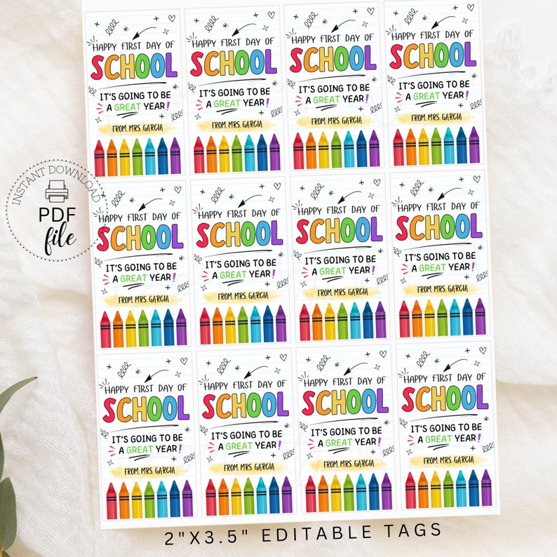 Printable Happy First Day of School Tag, Personalized Back to School 2. ...