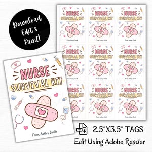 Printable Nurse Survival Kit Gift Tag, Personalized Cute Nurse's ...