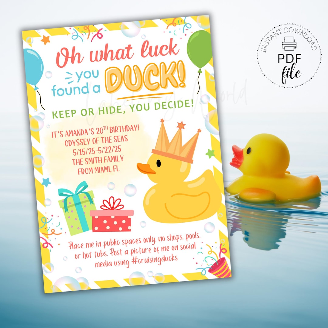 Printable Birthday Cruising Duck Gift Tag, Oh What Luck You Found a ...