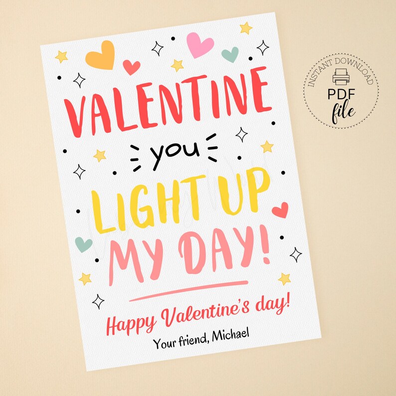 Printable Valentine You Light up My Day Gift Tags, Personalized Glow ...