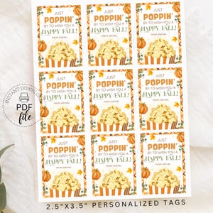 Printable Popcorn Fall Treat Tag, Personalized Just Popping by to Wish ...